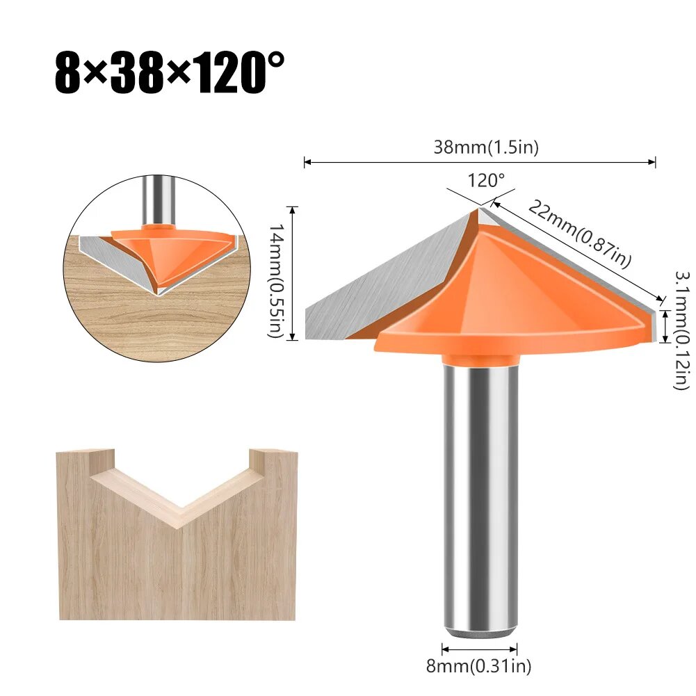 1 шт, 8 мм, фреза с хвостовиком, резьба по дереву, 60, 90, 120, 150 градусов, 08