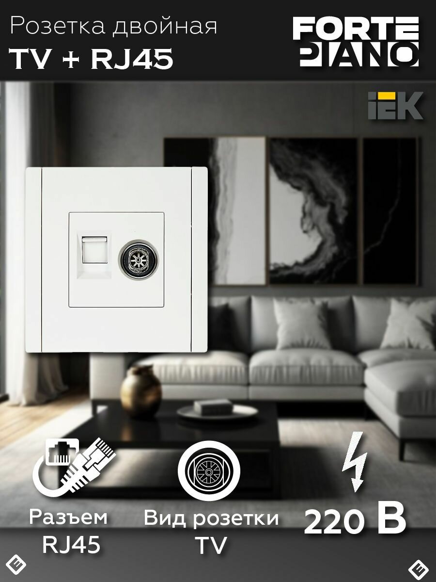 Розетка двойная TV+RJ45 кат.5E, цвет белый IEK "FORTE&PIANO" FP236