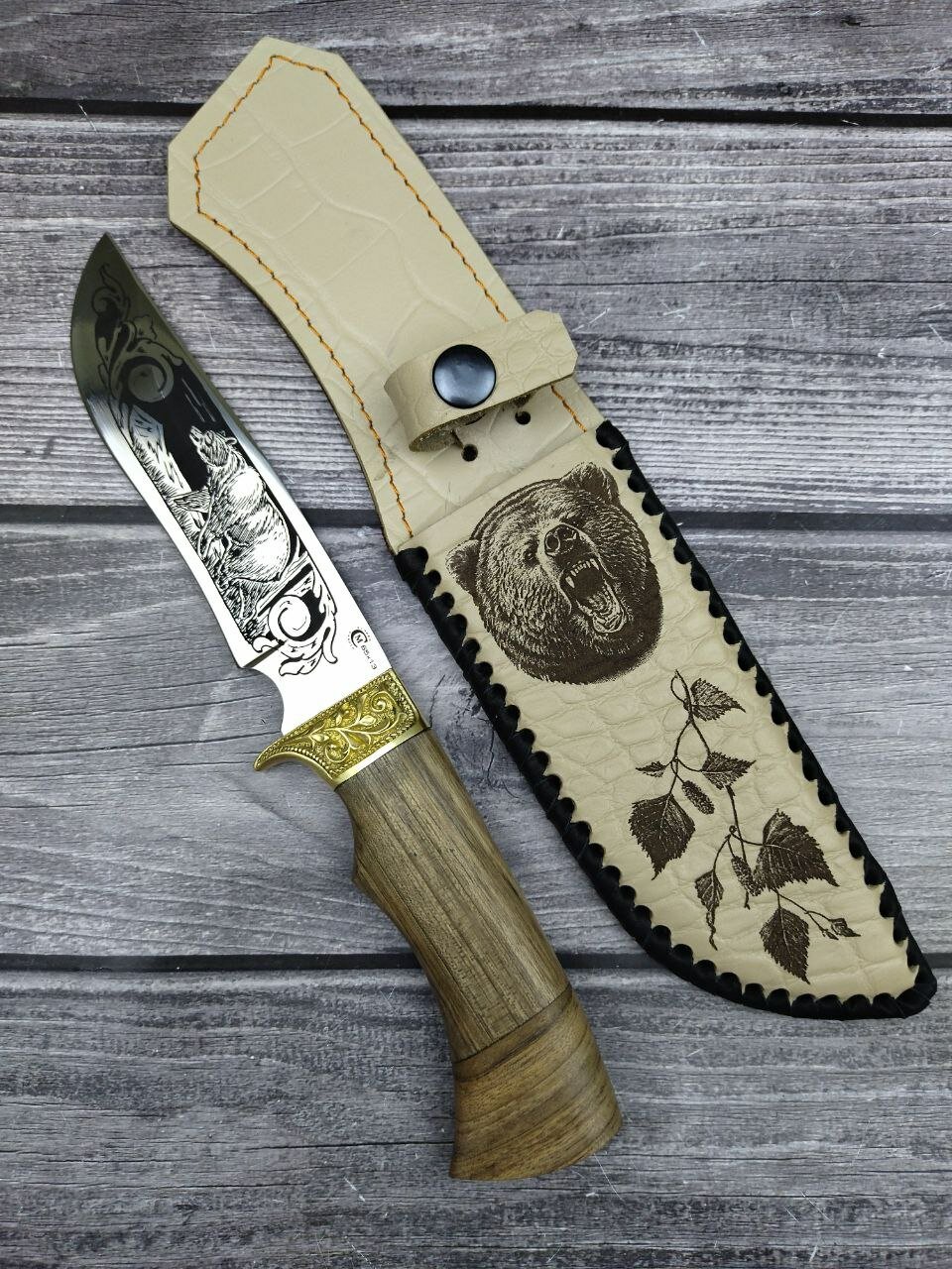 Нож Галеон с гравировкой, сталь 65х13, литье, рукоять из ценных пород дерева, ножны из натуральной кожи, Официальный магазин производителя Мастерская Семина
