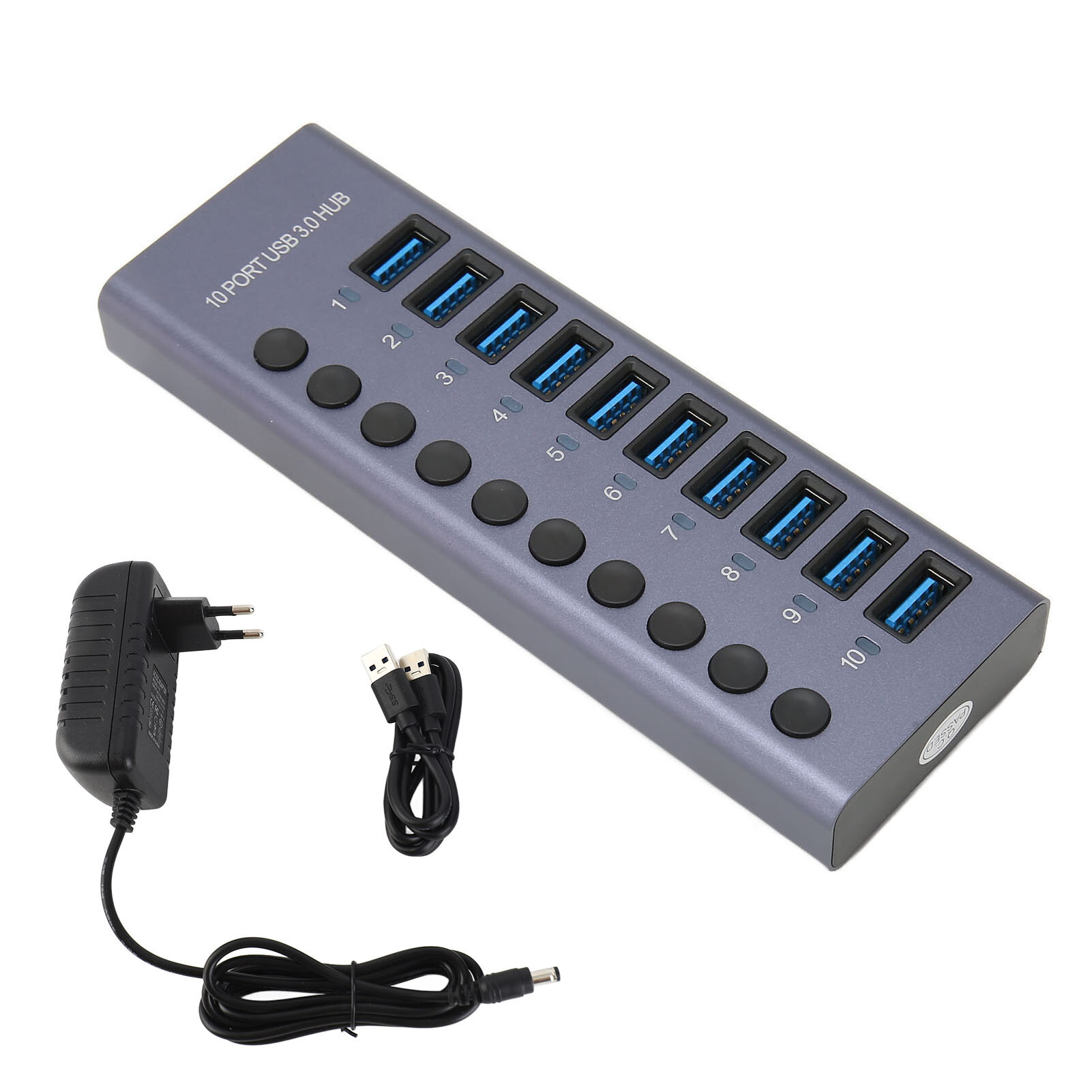 10 Порт 60 Вт USB 3,0 Хаб с индивидуальными переключателями питания светодиоды алюминиевый сплав Shell USB 3,0 Docking Station 60W 12V 5A Адаптер питания 100–240 В ЕС Петч