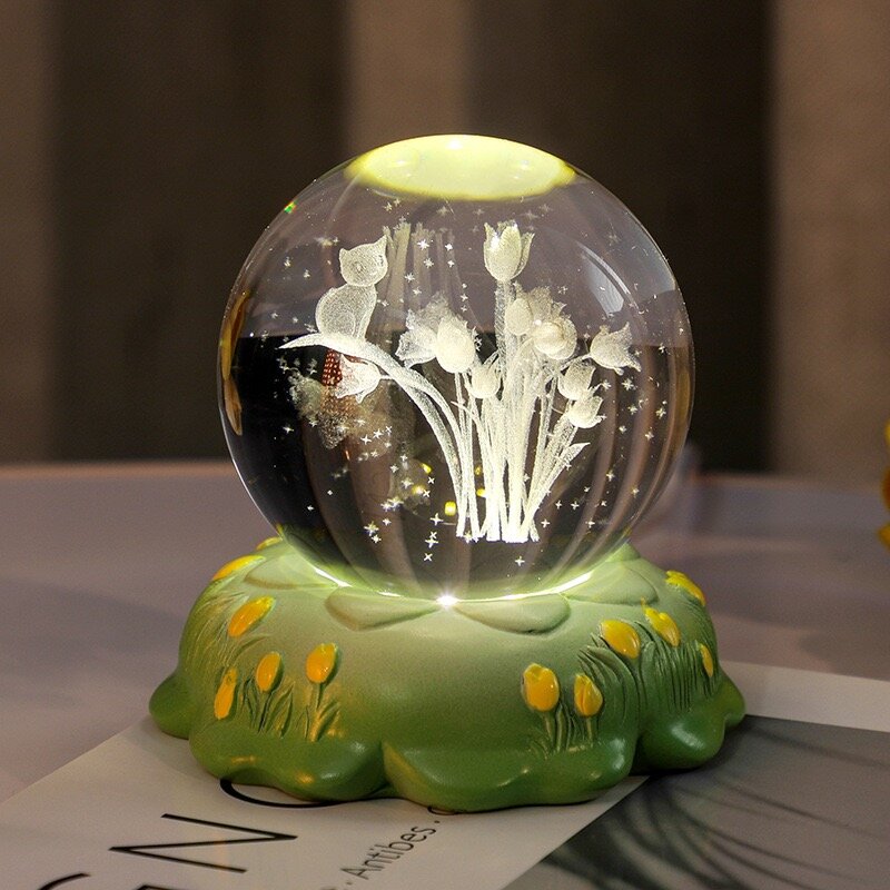 3D-резные тюльпаны в букете, светящийся кристальный шар, ночник, декоративная статуэтка с естественным освещением, 8 см