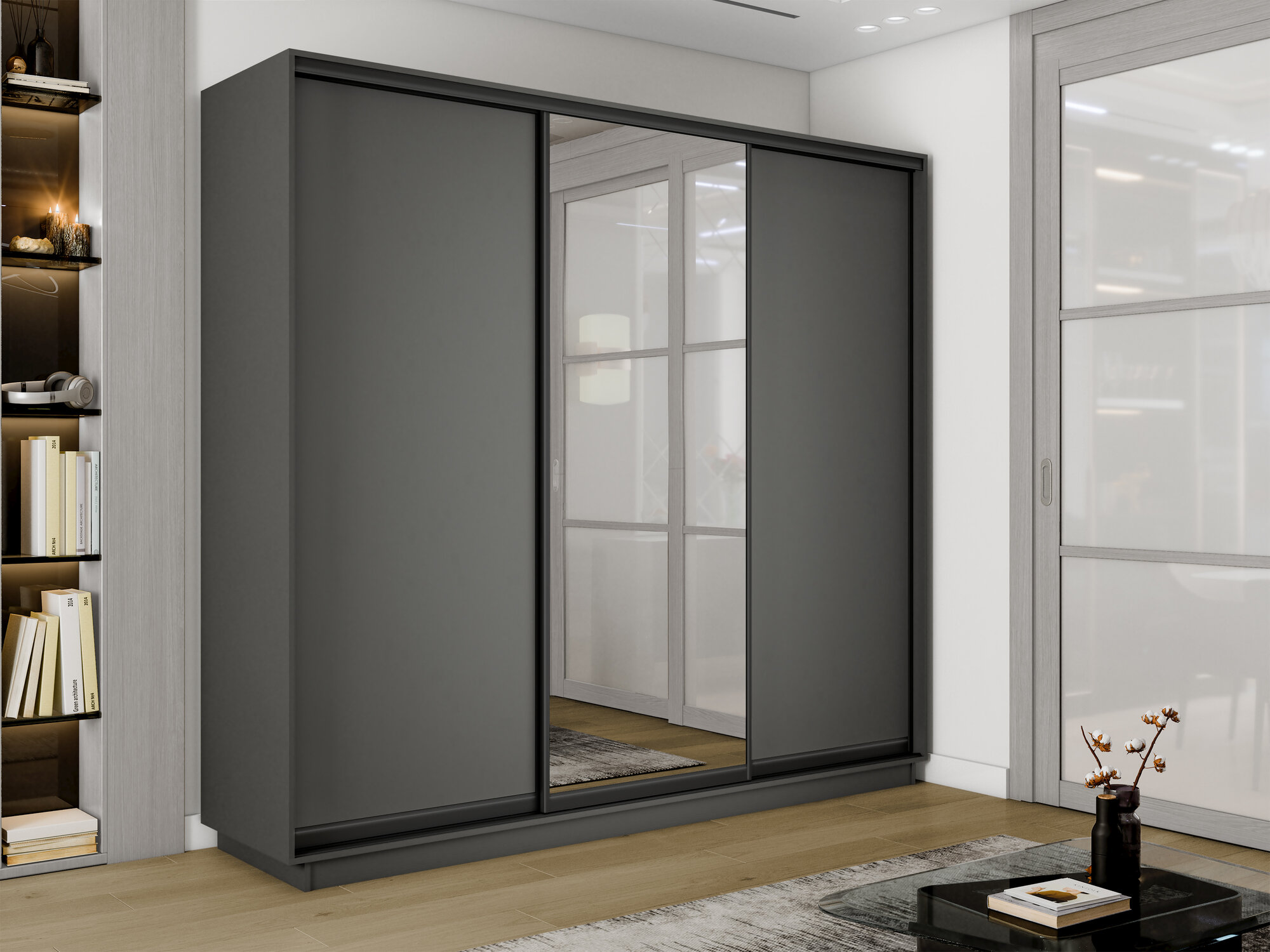 Шкаф купе Вилли 3-х дверный ЛДСП с зеркалом, профиль черный 210 см х 220 см х 45 см (Серый диамант)