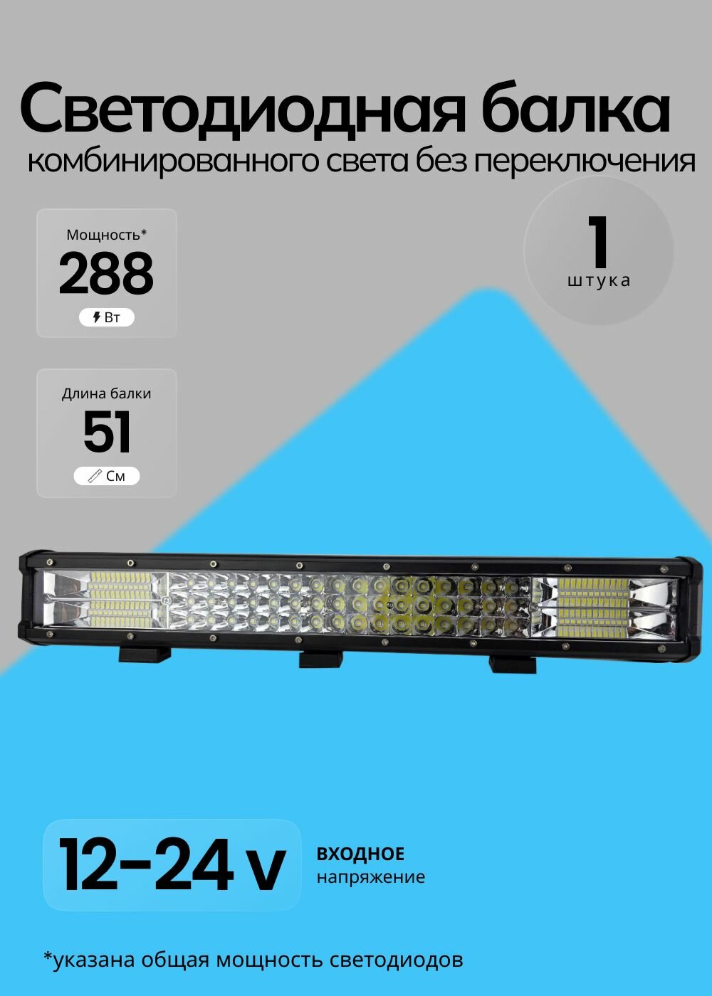 Балка фара светиодная дальний ближний свет / комбо без переключения 288 ватт на крышу авто внедорожника, квадроцикла, Ниву УАЗ, катер и лодку