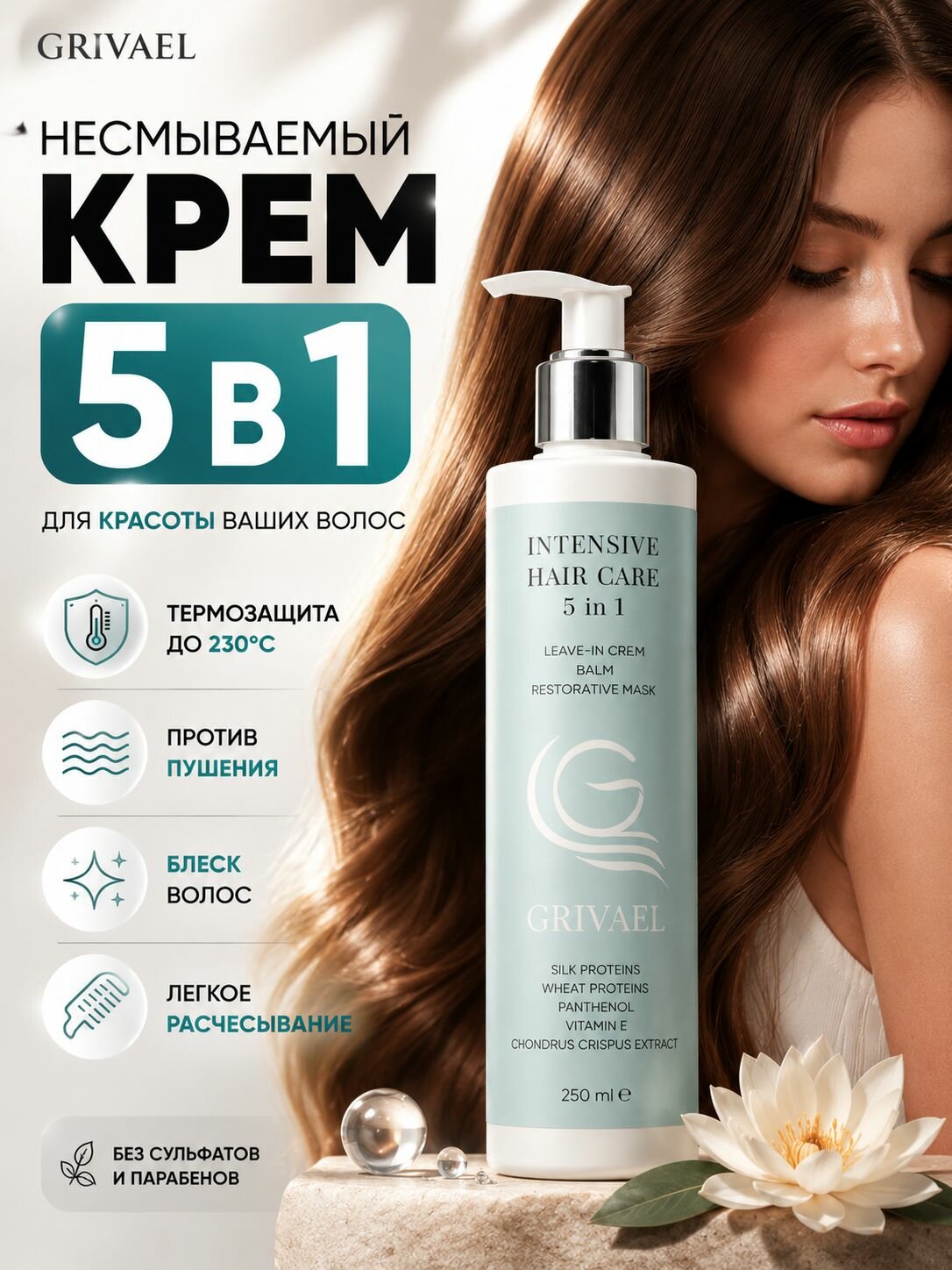 Несмываемый крем для волос с термозащитой 5в1 GRIVAEL, от пушения и сухости, 250 мл