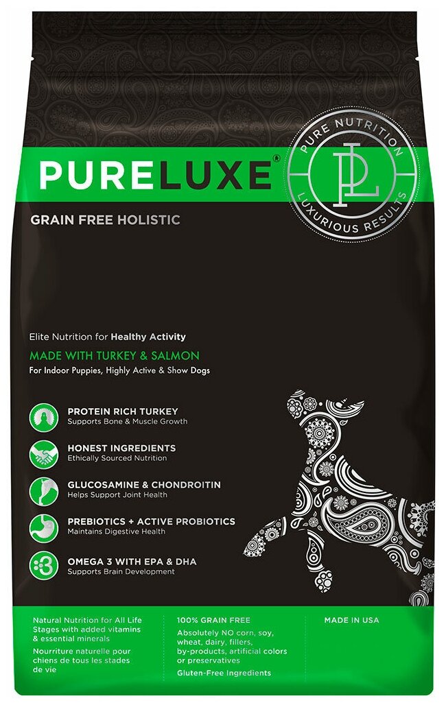 PURELUXE элитное питание беззерновой для активных собак и щенков всех пород с индейкой и лососем (9,98 кг)