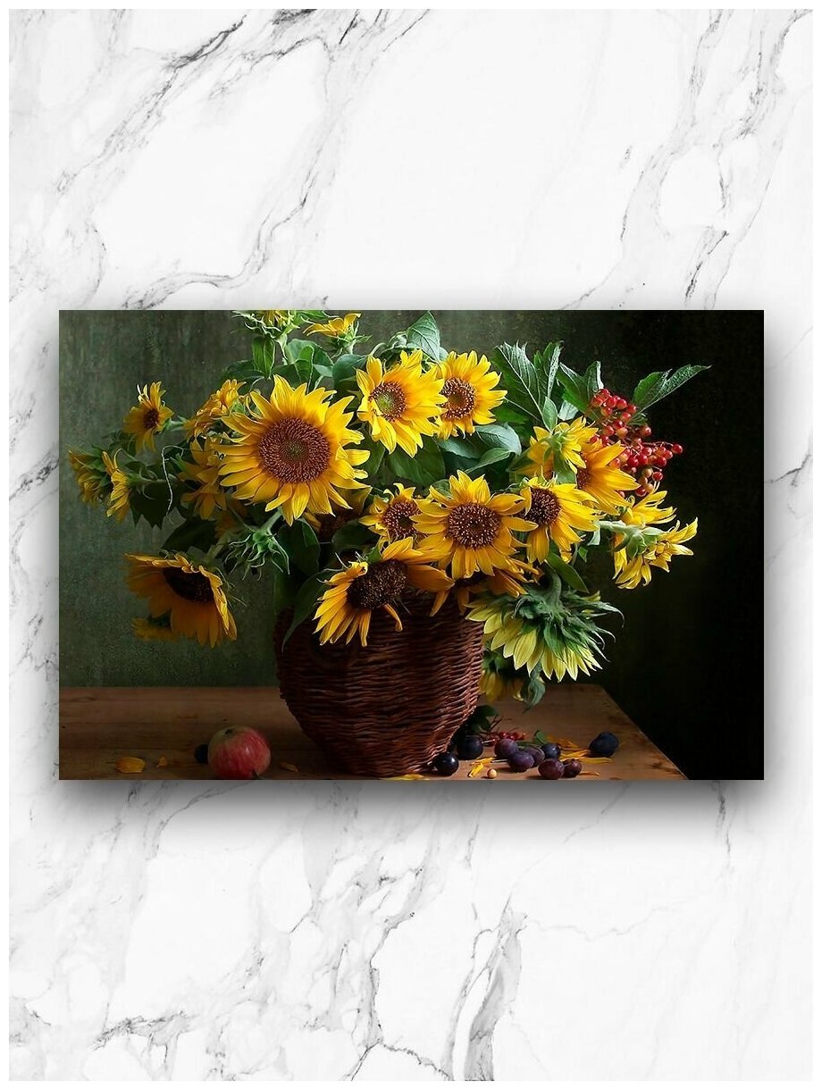 Картина для интерьера на холсте 40х60 см/ Подсолнухи на столе