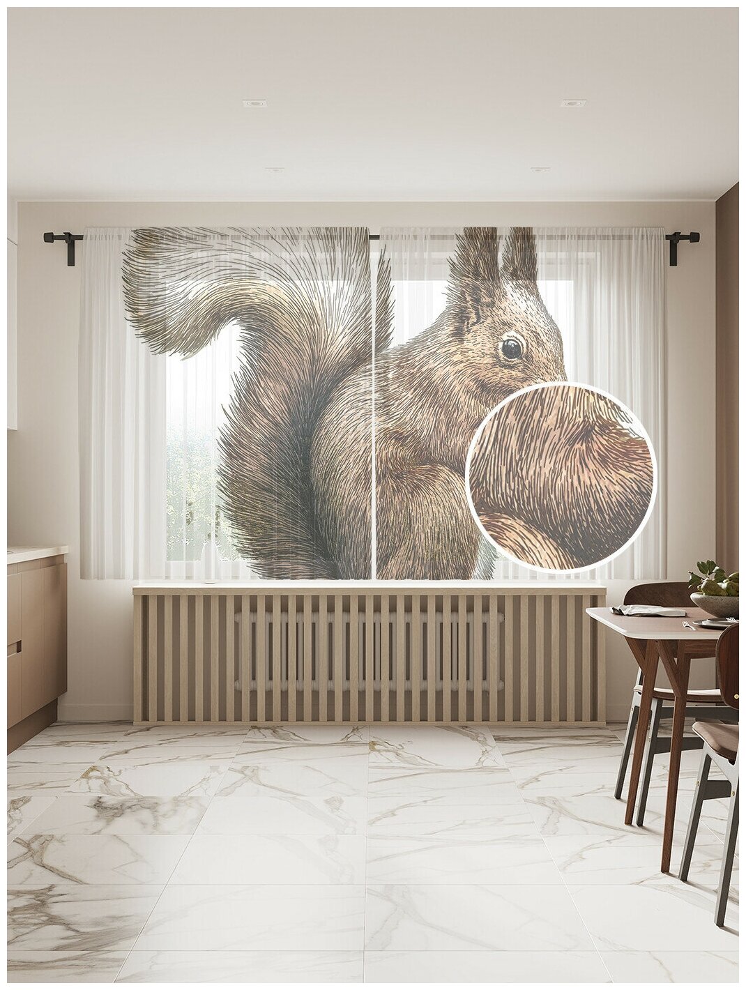 Тюль для кухни и спальни JoyArty "Белка с орешком", 2 полотна со шторной лентой шириной по 145 см, высота 180 см.