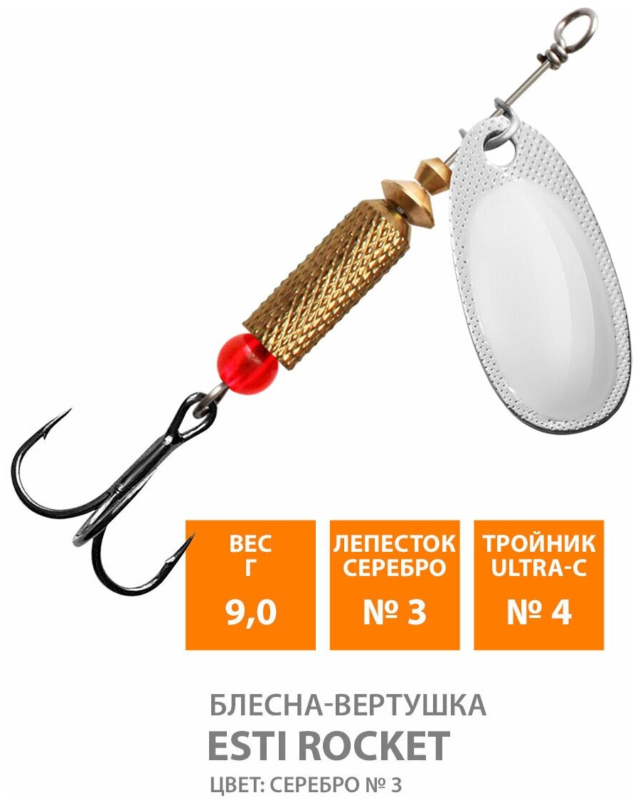 Блесна вертушка для рыбалки AQUA Esti Rocket-3 9g серебро