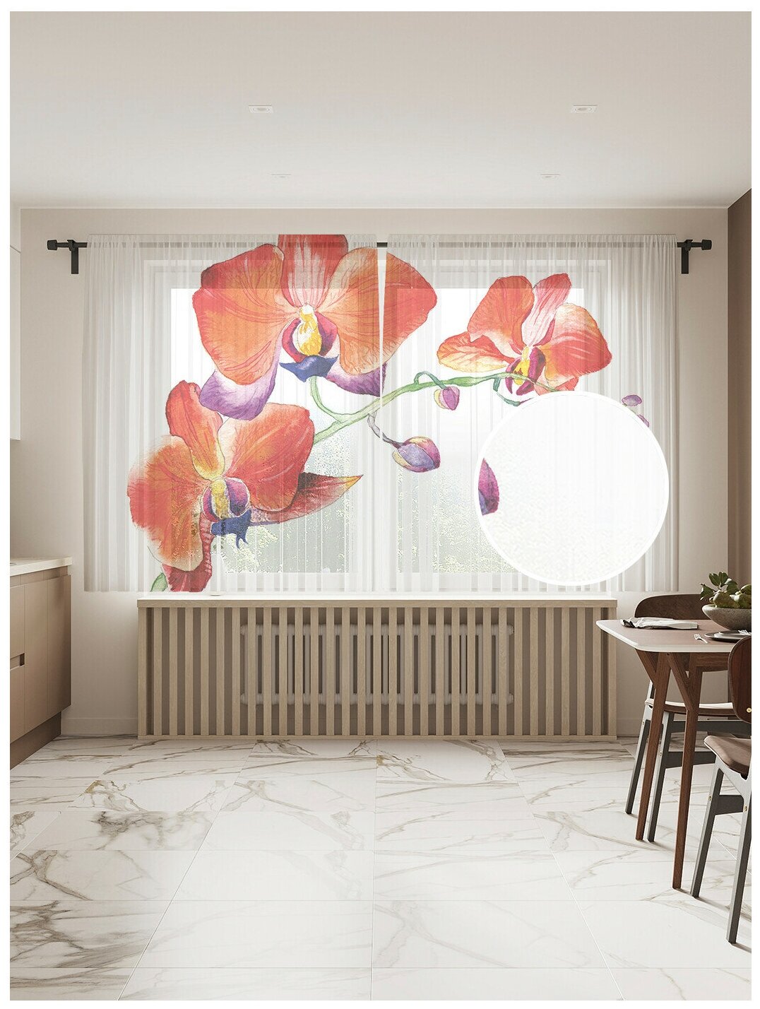Тюль для кухни и спальни JoyArty "Орхидея Фаленопсис", 2 полотна со шторной лентой шириной по 145 см, высота 180 см.