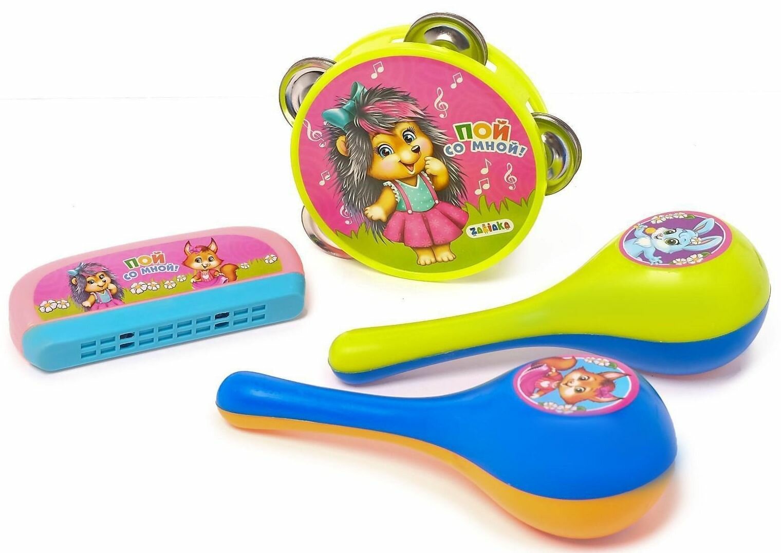 Набор детских музыкальных инструментов "Пой со мной": бубен, 2 маракаса, губная гармошка, развитие музыкального слуха и чувства ритма