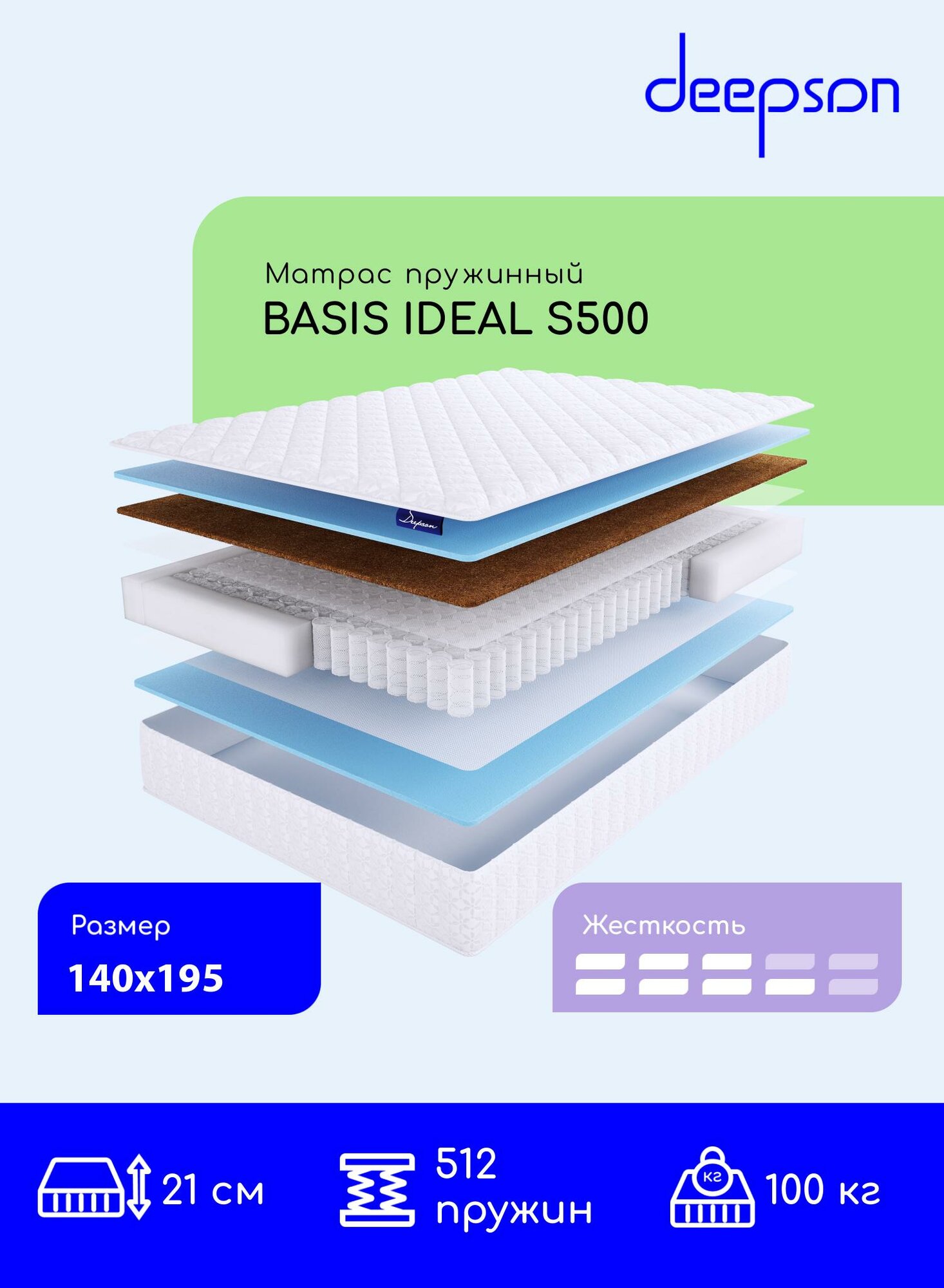 Матрас 140x195 пружинный полутороспальный ортопедический Deepson BASIS IDEAL S500