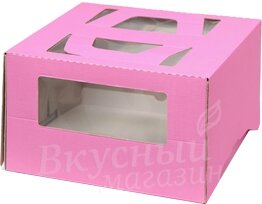 Упаковка для торта на 2 кг. 30х30х17 с окошком Розовая (Набор из 3 шт.)