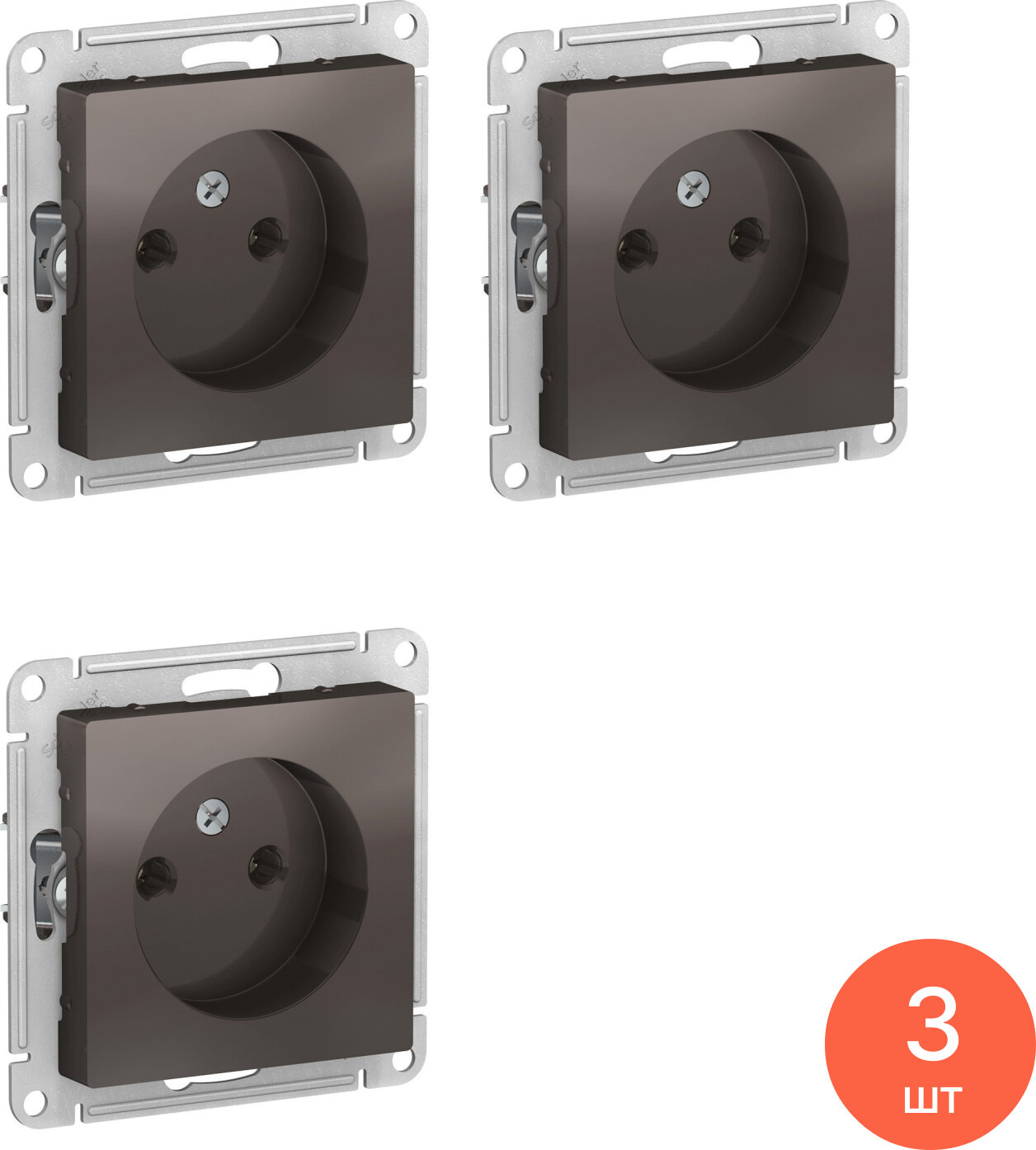 Розетка силовая штепсельная Systeme Electric / Систем Электрик AtlasDesign, 16А 250В IP20 мокко, без заземляющего контакта ATN000641 / электрооборудование (комплект из 3 шт)