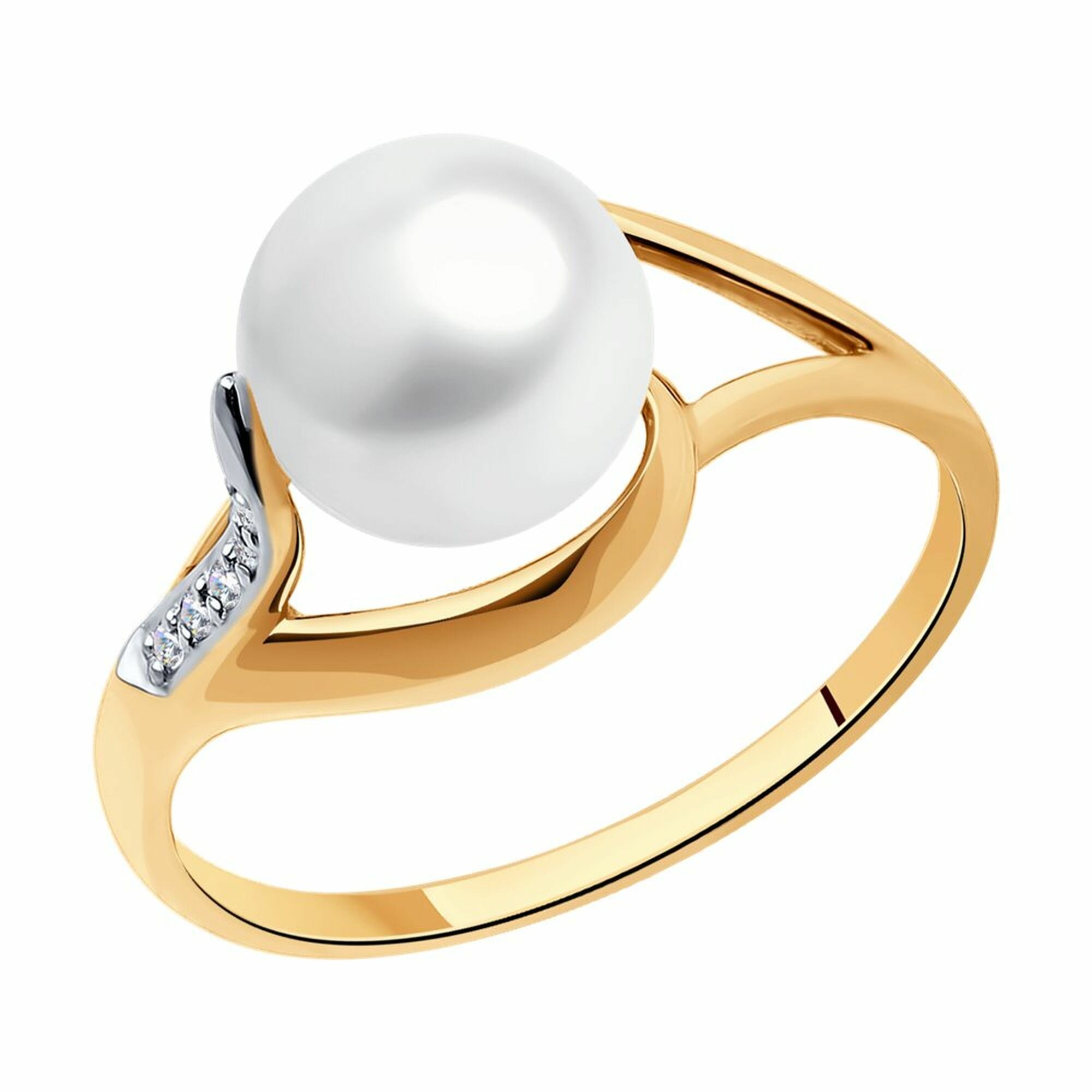 Кольцо, красное золото, 585 проба, жемчуг, фианит