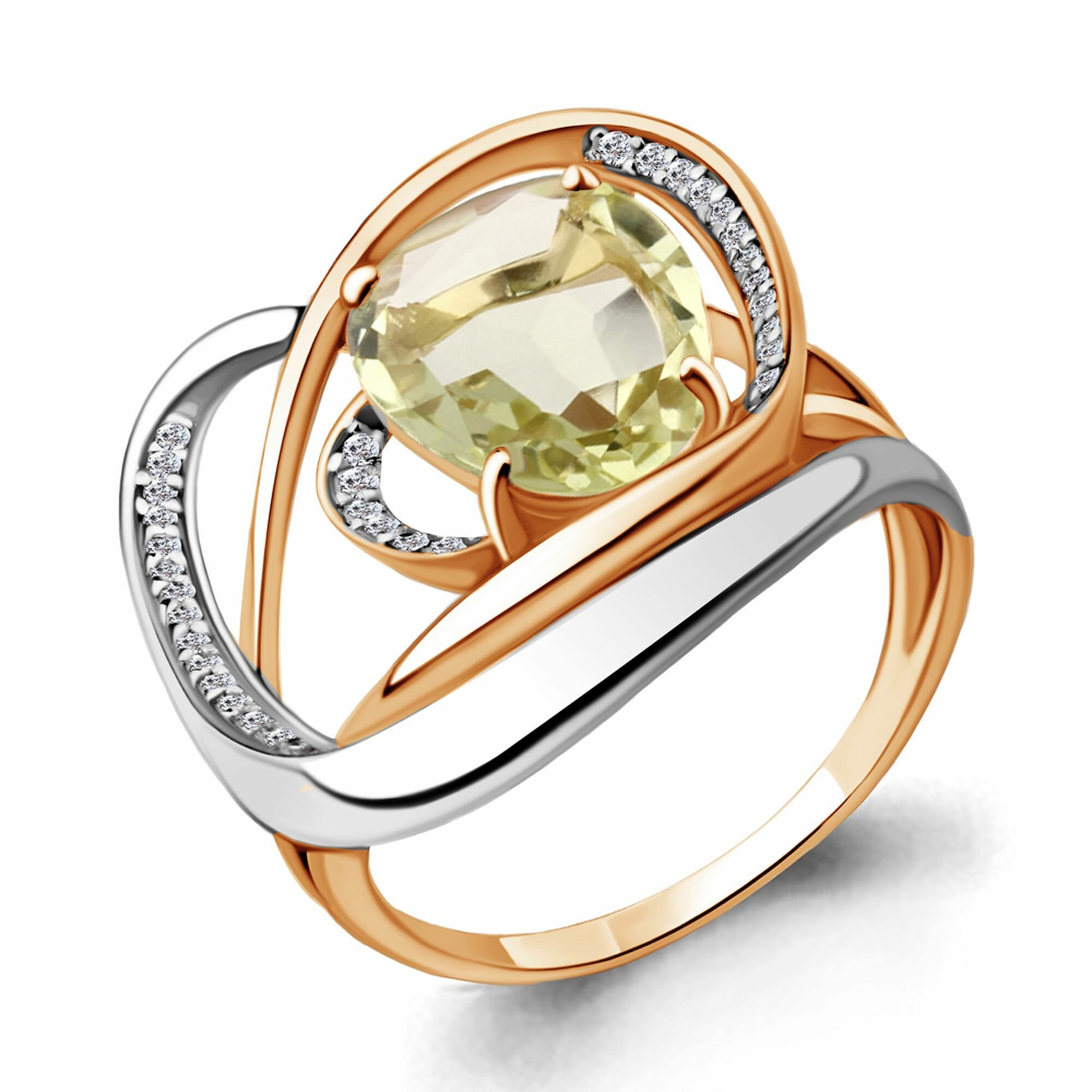 Кольцо, серебро, 925 проба, золочение, фианит, кварц