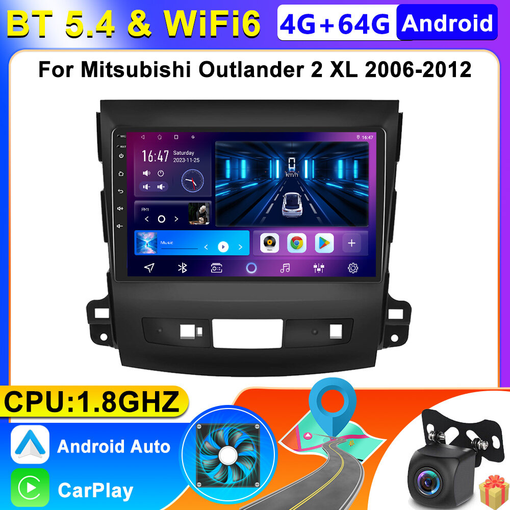 Магнитола для Mitsubishi Outlander 2005-2011/ Митсубиси Аутлендер -Android Память 4+64Gb-Carplay-DSP полос-Кулер вентилятор