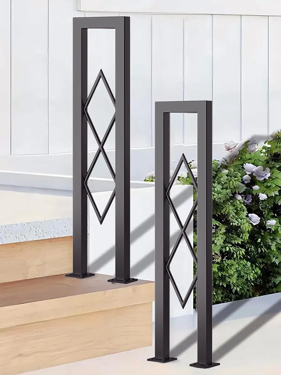 Кованые перила для лестницы черные с ромбовидным декором для крыльца, сада, лофта, уличных ступеней (1 шт.)