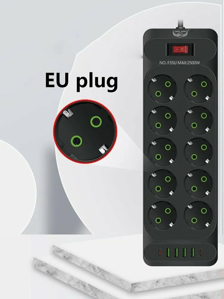 Удлинитель Сетевой,10 Розетки, Сетевой Фильтр С 4 Usb И 2 Type-C, Кабель 2 Метров