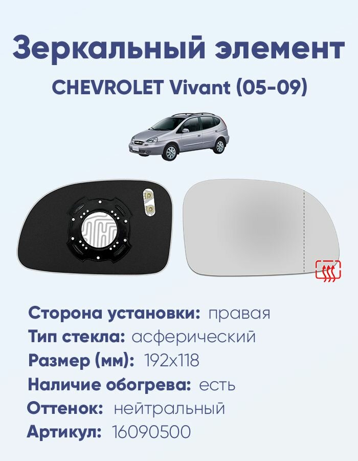Зеркальный элемент правый CHEVROLET Vivant (05-09) асферика нейтральный с обогревом