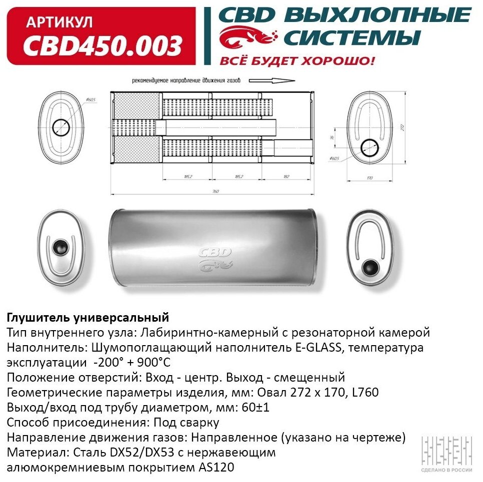 Глушитель Нержавеющий. Овал D272x170, L760. Отверстия с разных сторон по центру/смещенное (1:1) под CBD CBD450.003 CBD арт. C.