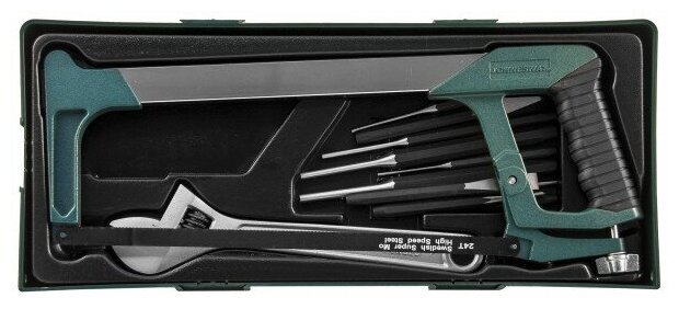 Набор инструмента ножовка, разводной ключ, зубила и выколотки, 14 предметов (ложемент) M645114ST (M645114SP) Jonnesway, 48565