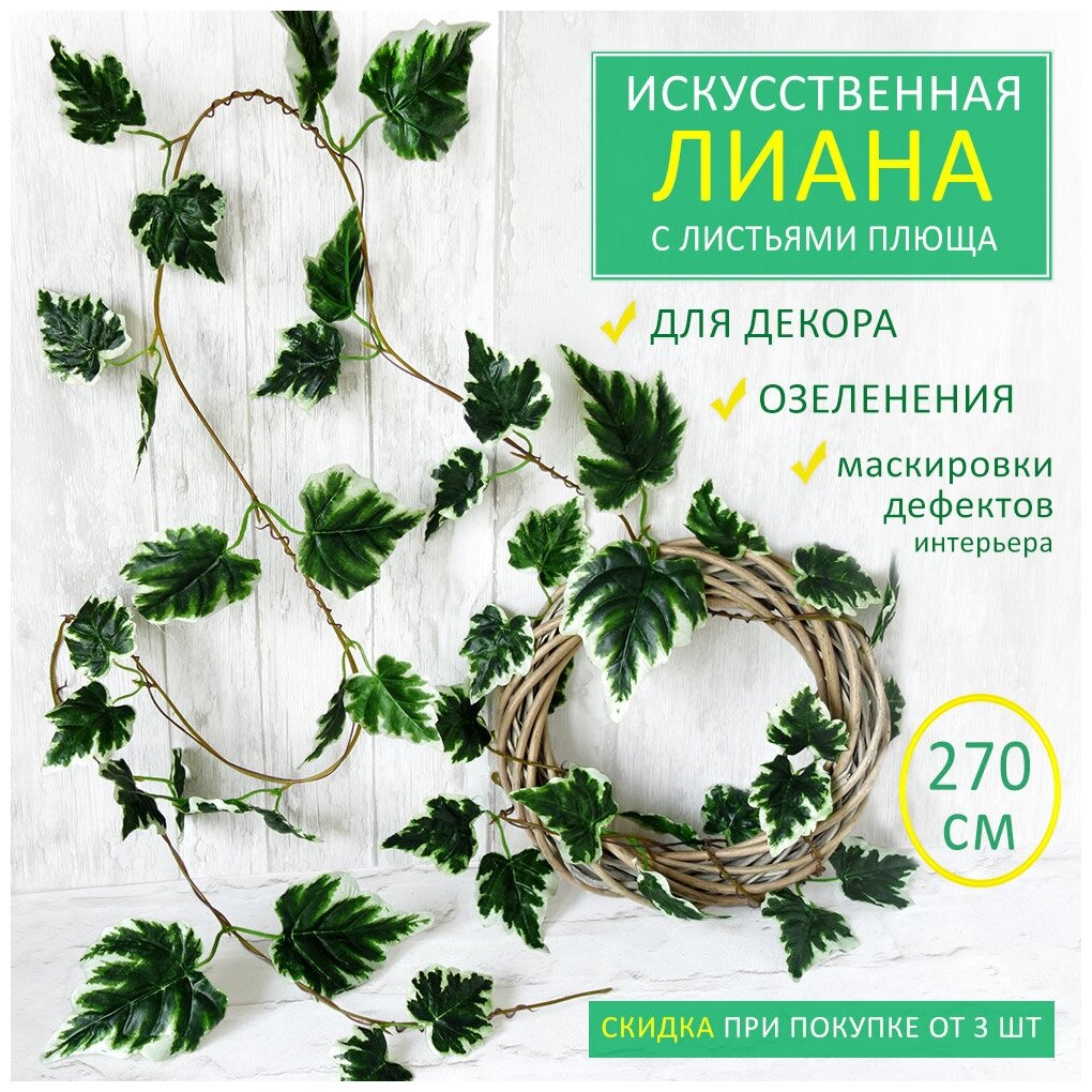 Набор 3 шт. Искусственная лиана декоративная с листьями плюща бело-зеленого, 270 см