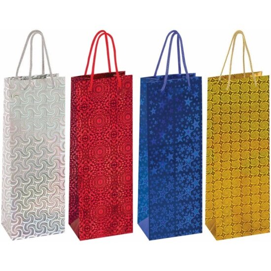 Пакет подарочный для бутылки Золотая Сказка , 13x8,5x36 см, голография, цвет-ассорти