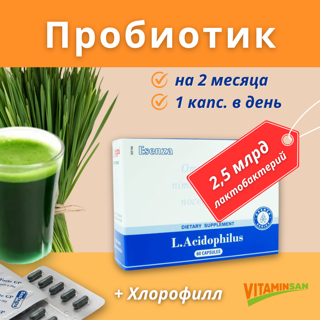 Л. Ацидофилус, пробиотик, лактобактерии + Хлорофилл, 2,5 млдр. в 1 капс, 60 капсул на 2 месяца