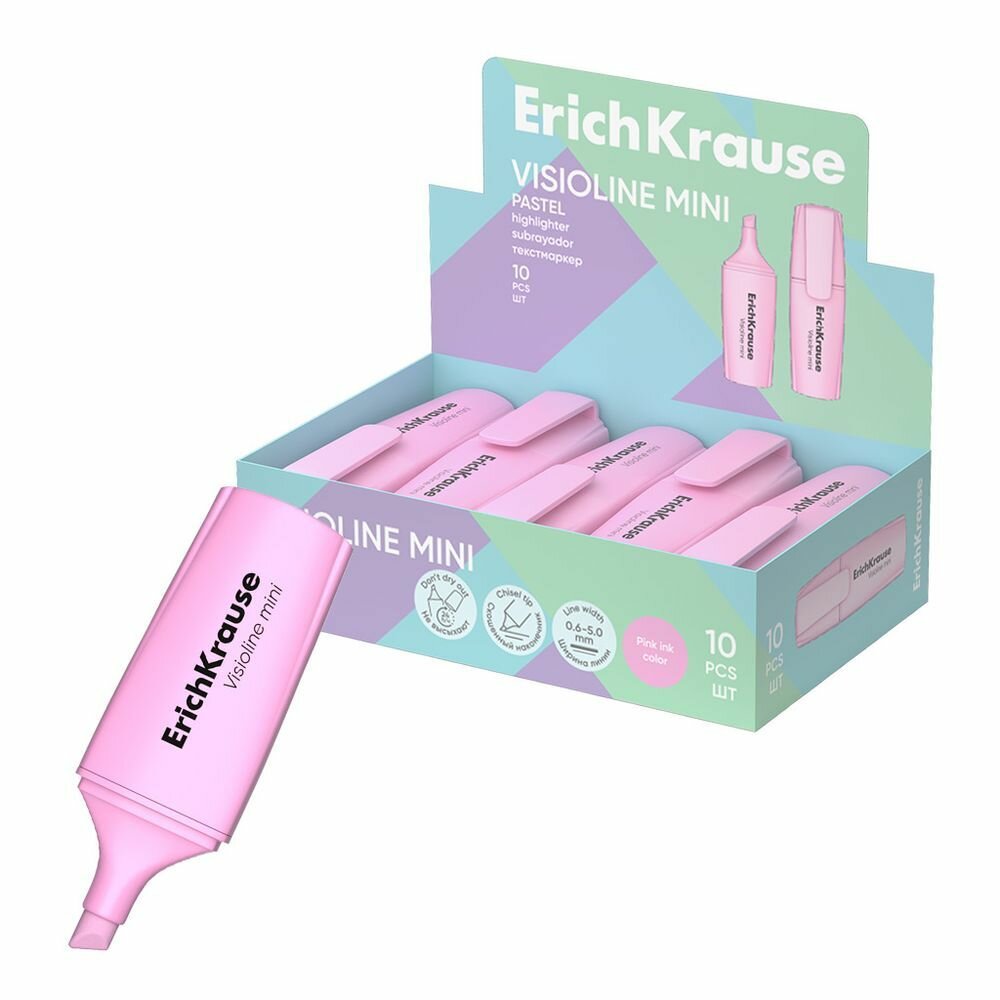 Текстмаркер ErichKrause Visioline Mini Pastel, цвет чернил розовый (в коробке-дисплее по 10 шт.)
