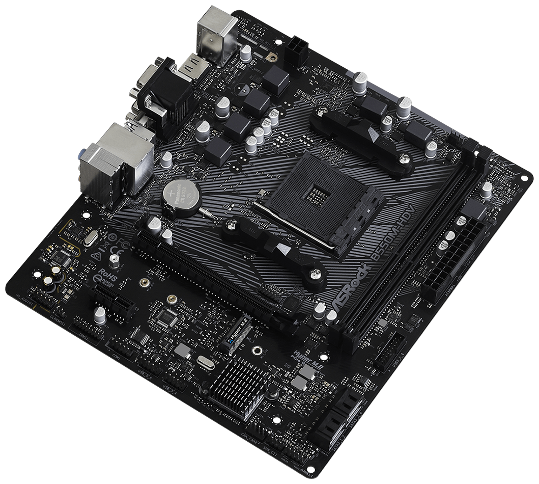 Материнская плата ASRock B550M-HDV (Socket AM4/AMD B550/2xDDR4/1xPCI-Ex16/1xPCI-Ex1/M.2/SB7.1/GLAN/D-SUB/DVI/HDMI/mATX)