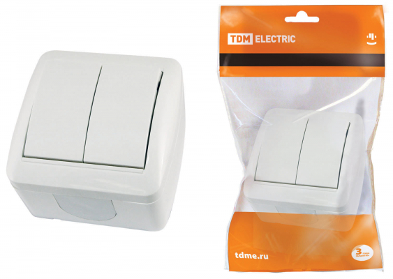 Выключатель TDM Electric / ТДМ Электрик Селигер, 10А IP44, белый двухклавишный открытой установки, SQ1818-0002 / переключатель