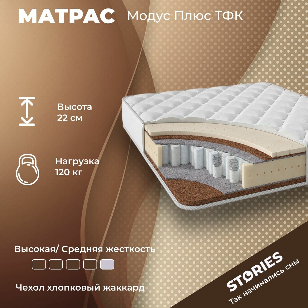Матрас Stories Модус Плюс ТФК 160х200 серии Классик анатомический жесткий средней жесткости кокосовый латексный