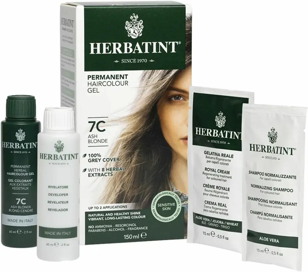 Гель-краска для волос без аммиака с экстрактами натуральных растений тон 7С пепельный блондин HERBATINT, 150 мл