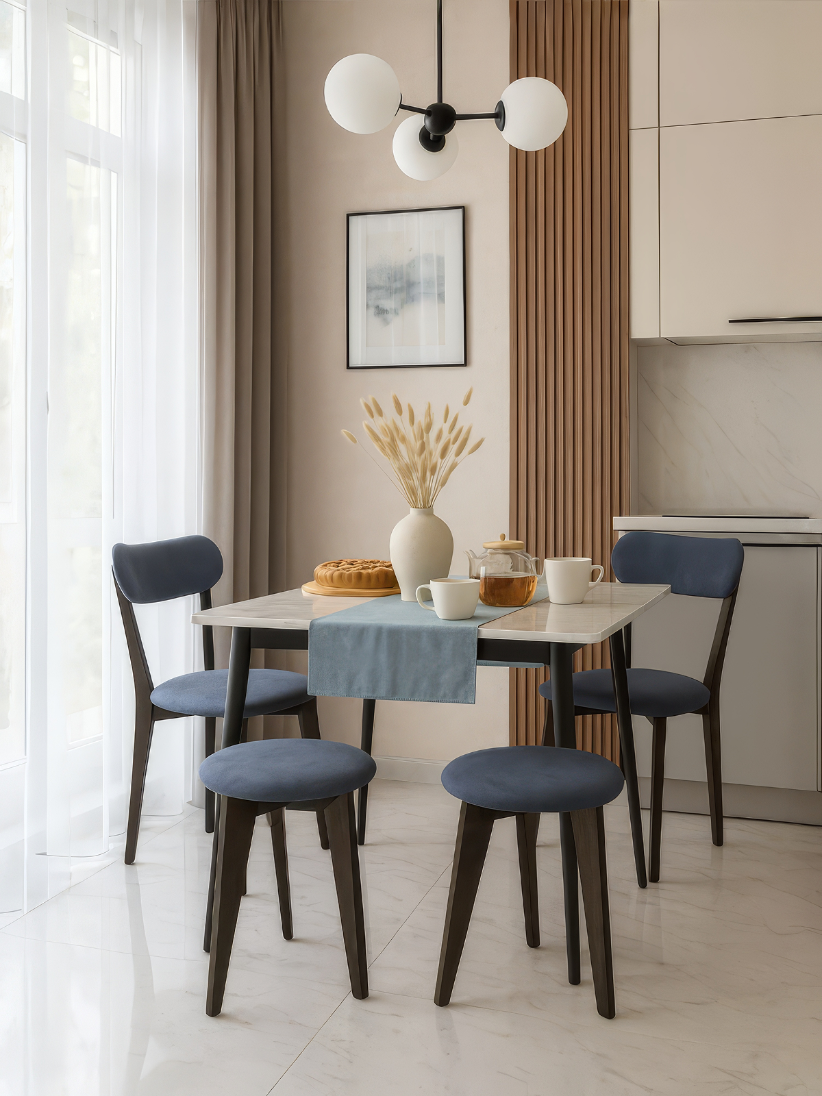 Стулья для кухни SANYAK 2 шт мягкие со спинкой и табуретки 2 шт комплект для обеденной зоны, велюр, Синий