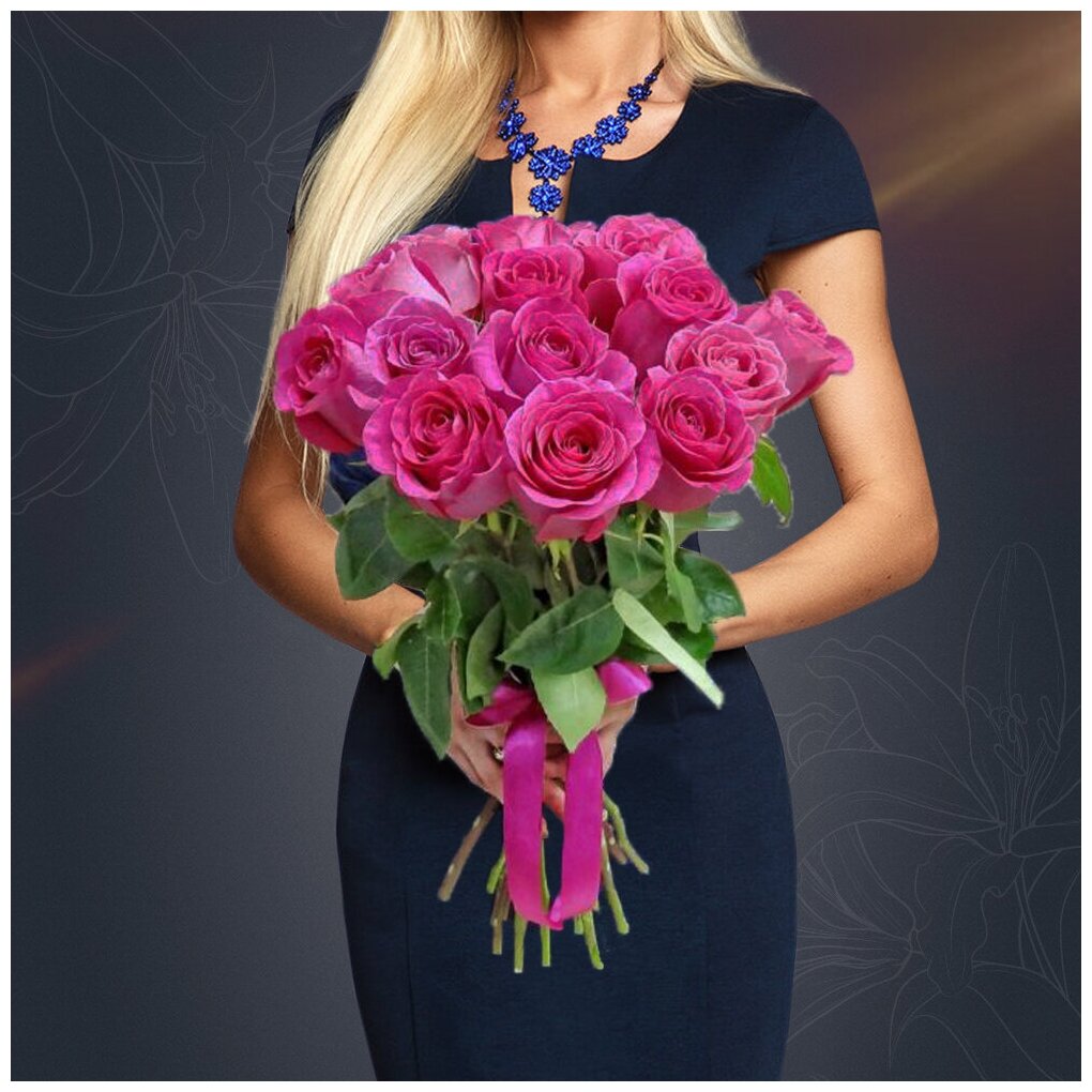 Классический букет из 15 розовых Эквадорских роз 50 см с атласной лентой от 2name Flowers
