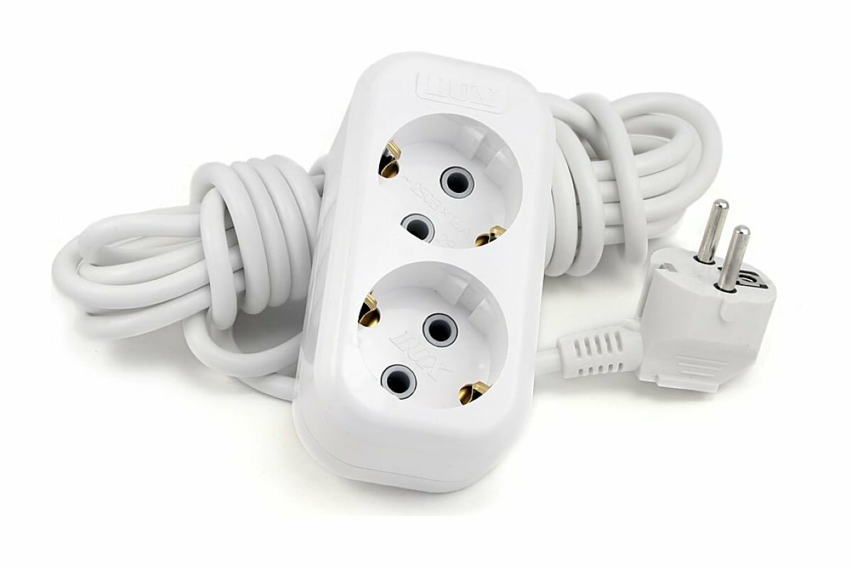 LUX У2-Е двухместный сетевой удлинитель на 10 м с двумя розетками и защитой от перегрузки