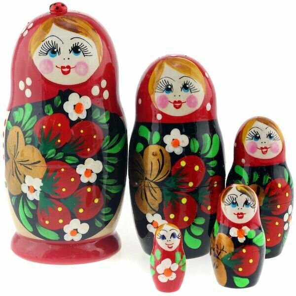 Матрёшка 100*55 мм хохлома С божьей коровкой 5-И кукольная красный/бордовый платок