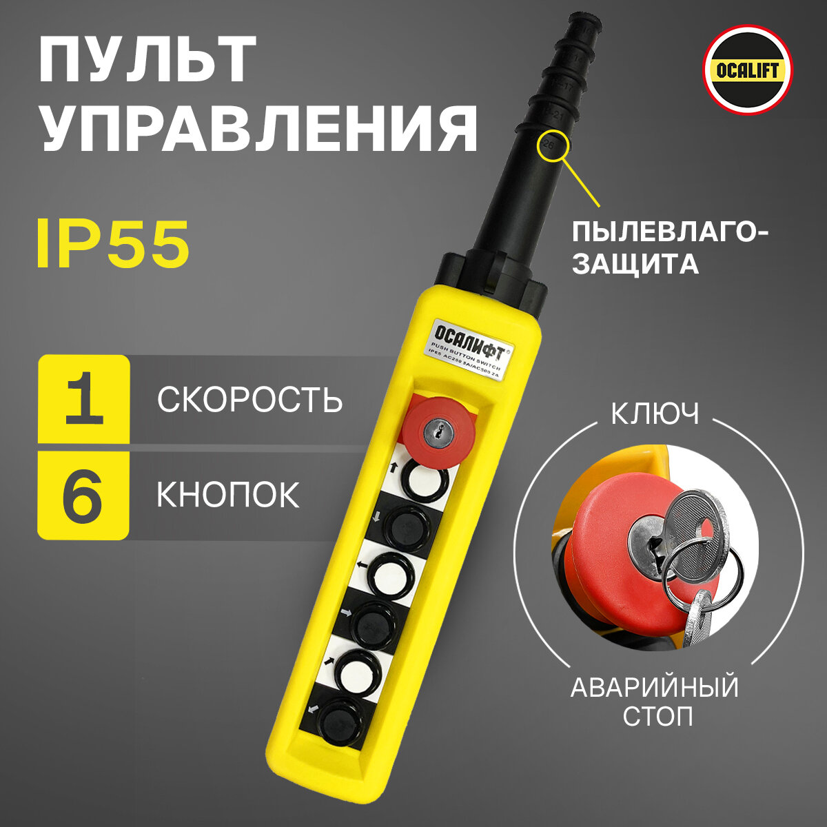 Пульт управления для промышленных тельферов 6 кнопок, 1 скорость, стоп, ключ, IP55 (без кабеля)