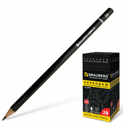 Карандаш чернографитный BRAUBERG, 1 шт, "Touch line", 2В, без резинки, корпус черный, заточенный, 180623