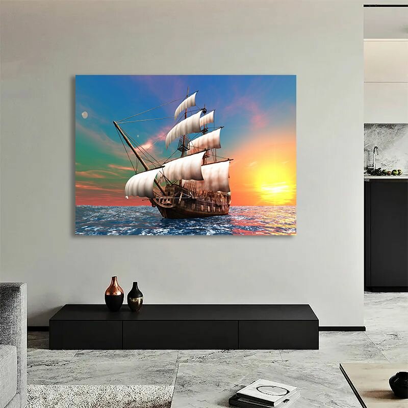 Картина "Море, Парусник, Корабль", поп-арт, холст, на подрамнике, 30x20 см