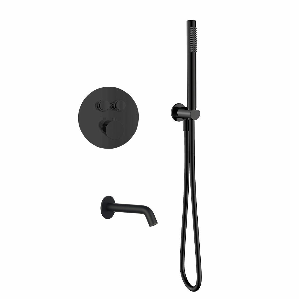 AQM8407MB Набор для комплектации ванны с изливом и термостатом с регулировкой напора, черный матовый