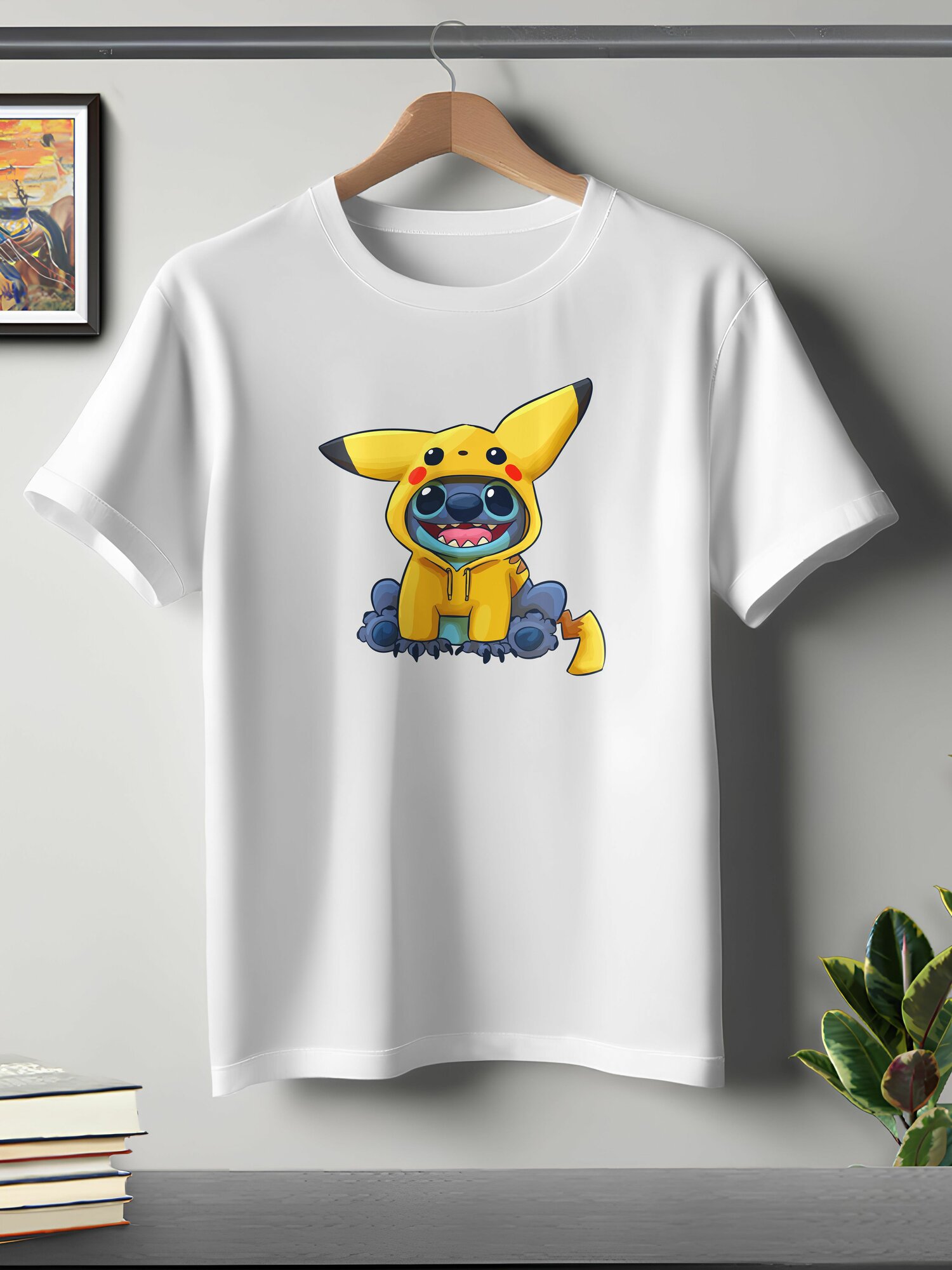 Футболка  Детская ONEQ 116 (6-7) размер с принтом Стич-пикачу, белая