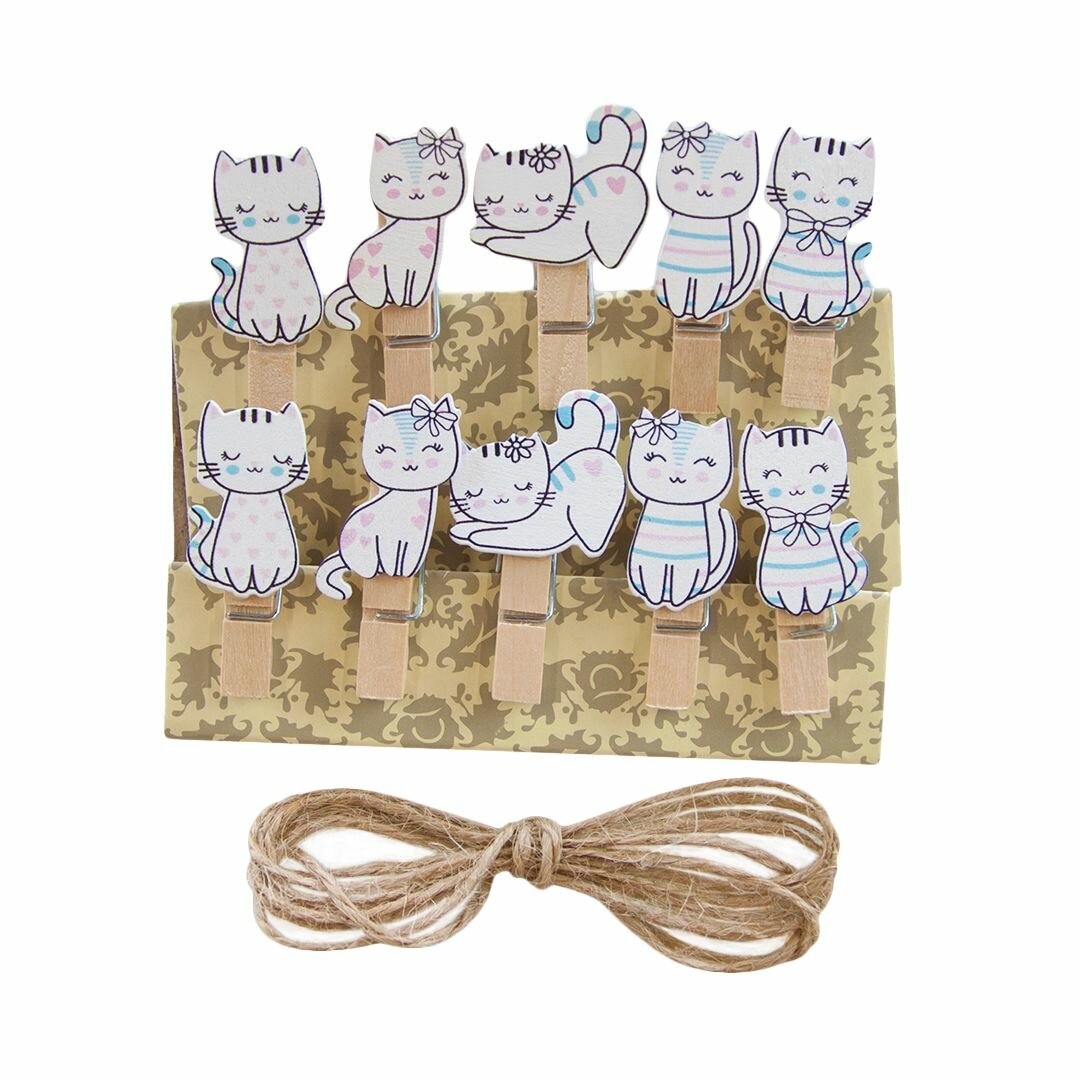 Декоративные прищепки Волна веселья Деревянные, Кошечки 3,5 см Ассорти, 10 шт