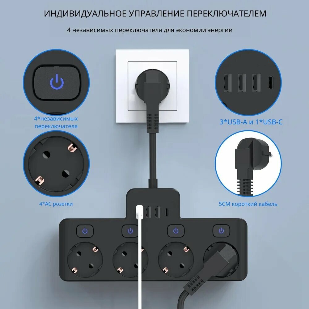 HITRENDS Поворотная розетка на 180 с 4 евророзетками (чёрная), 3 USB и 1 Type-C, 250V 16A, индивидуальные выключатели, защита от детей, защита от перегрузки, огнестойкая