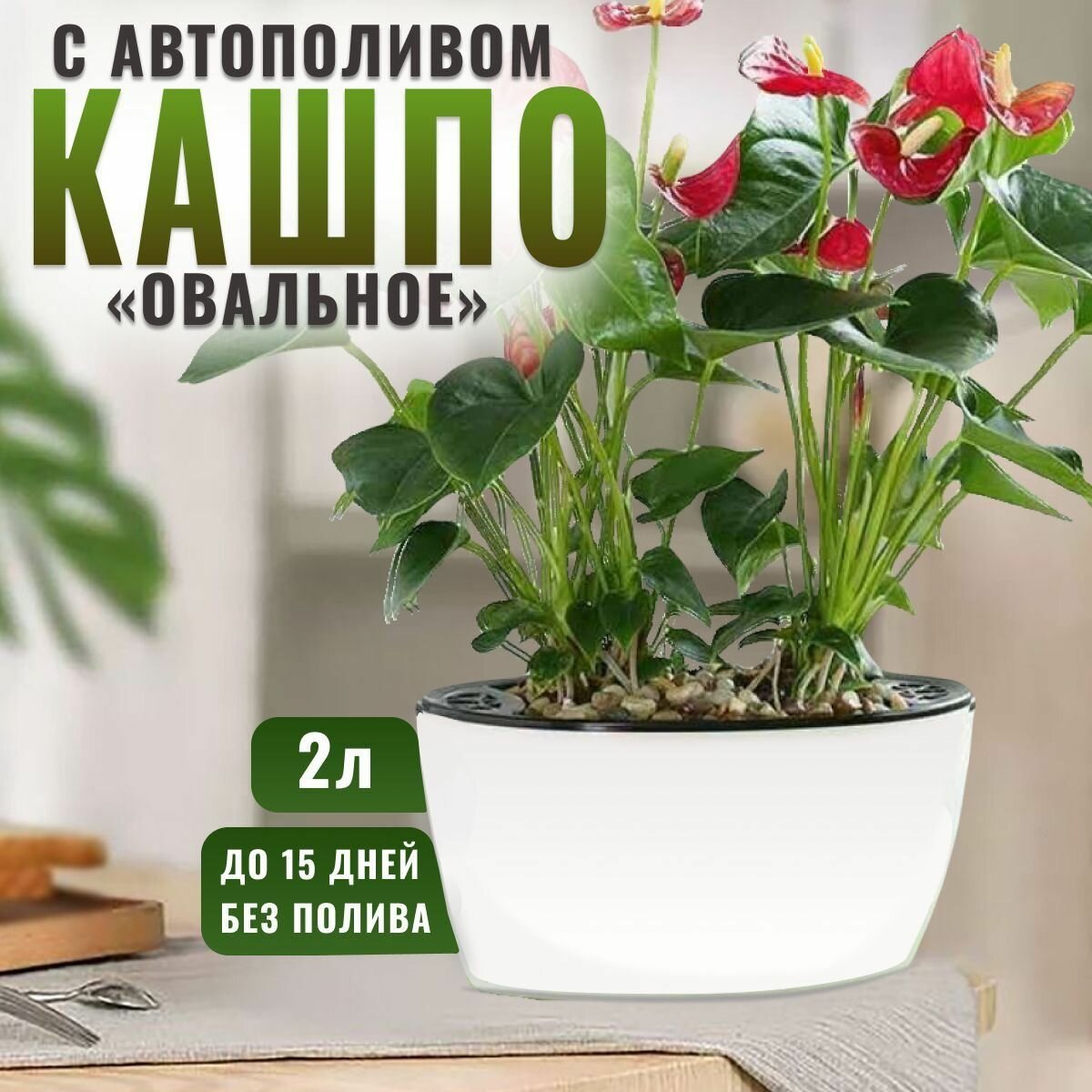 Кашпо "Лодочка", с автополивом, пластик, белое, овальное, 2л