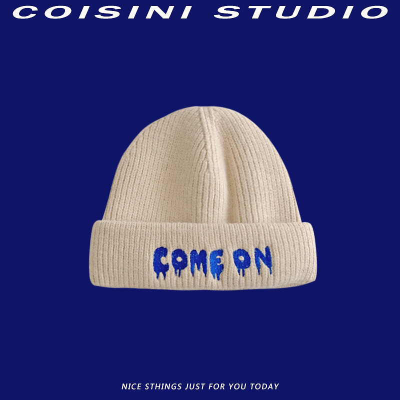 Японская модная шерстяная шапка с вышивкой букв для женщин осенью и зимой, чтобы согреться и защитить уши, универсальная синяя вязаная шапка, холодная шапка для мужчин