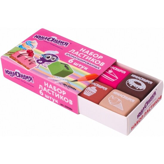 Набор ластиков Юнландия "сладкие истории" 6 шт, размер 21х21х16 мм, ароматизированные, 229584