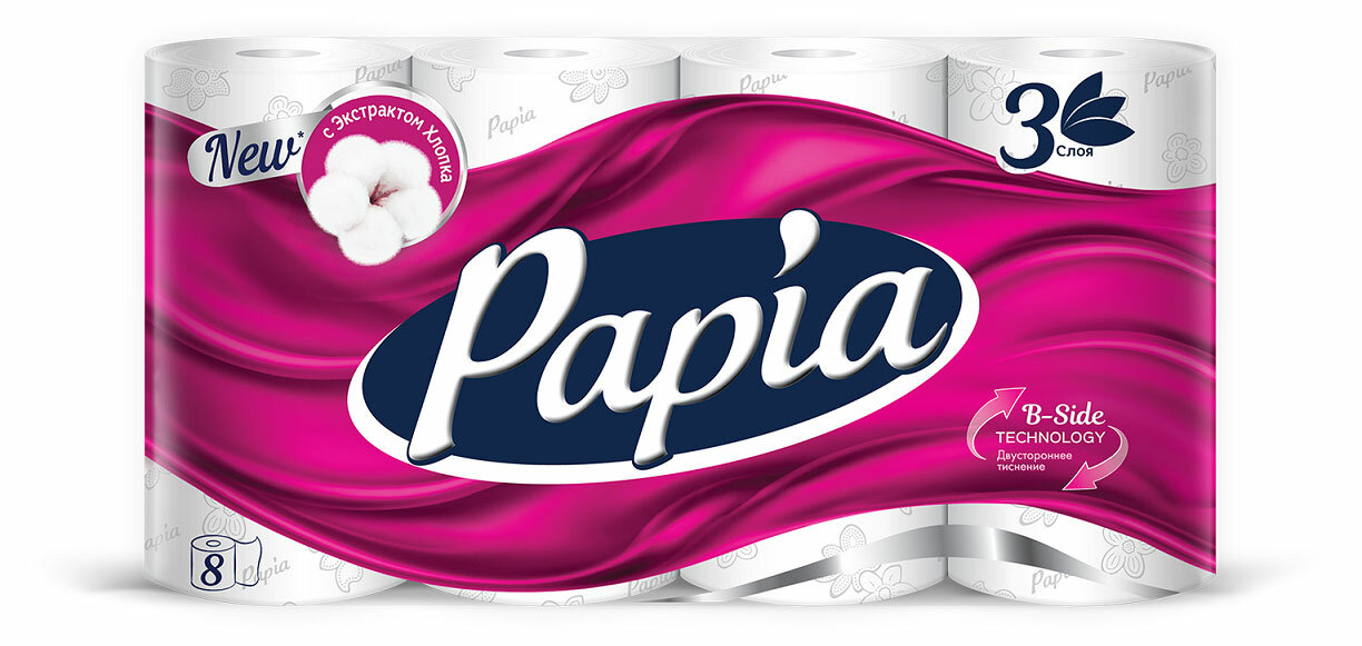 Туалетная бумага Papia, белая 3 слоя, 8 рулонов