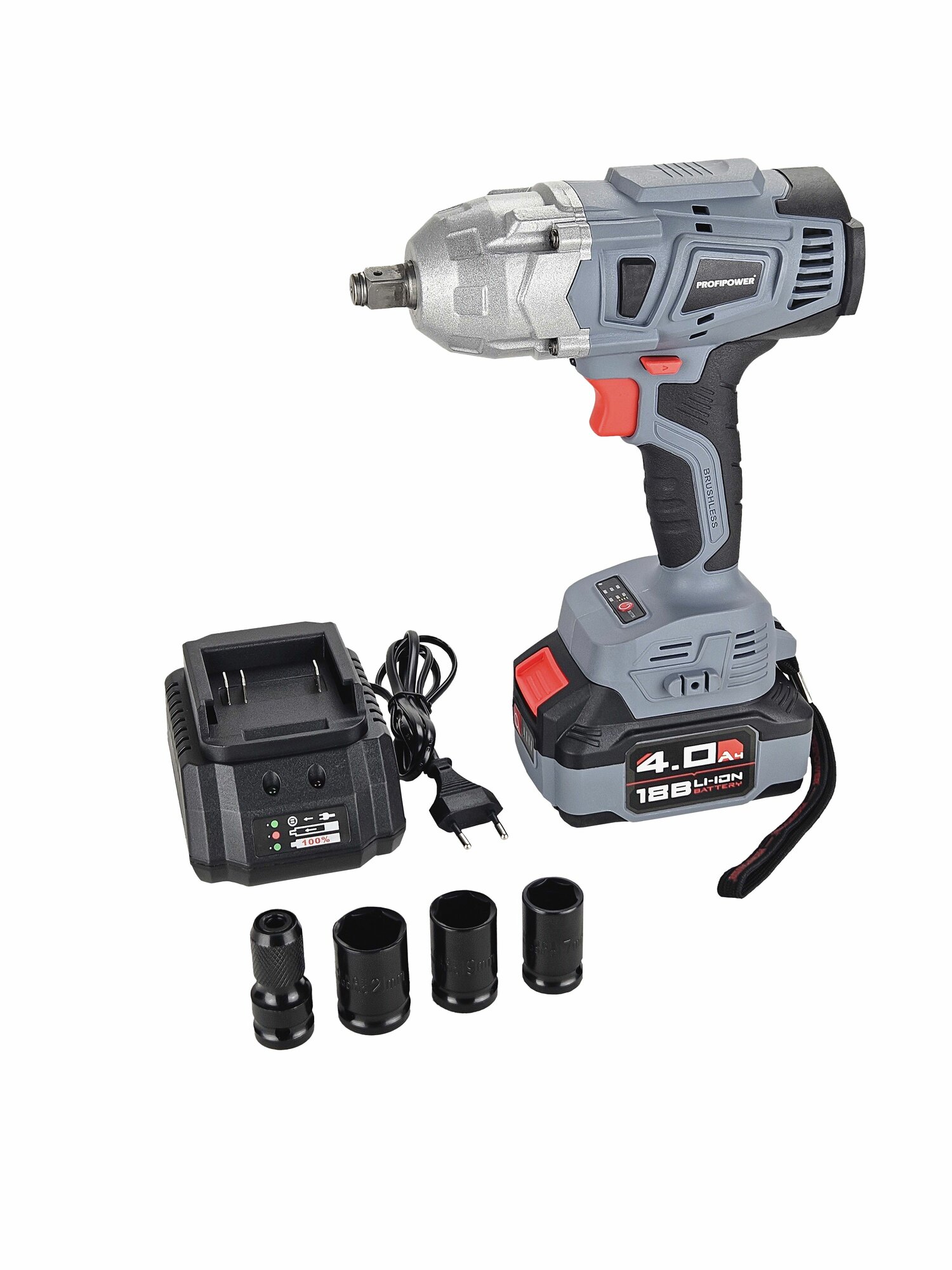 Гайковерт бесщеточный ударный аккумуляторный ProfiPower DWDTW-18V, 18В, 600Нм, кейс, 4Ач E0105