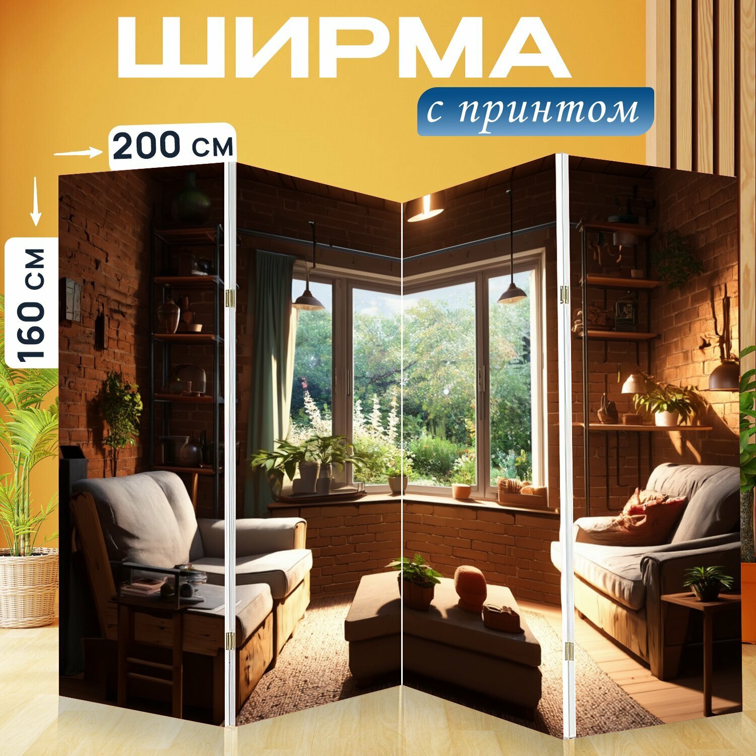 Ширма "Лофт с интерьером, насыщенным текстурами: кирпичные стены, металлические стеллажи, старая деревянная мебель" перегородка для зонирования комнаты с принтом 200x160 см. на холсте